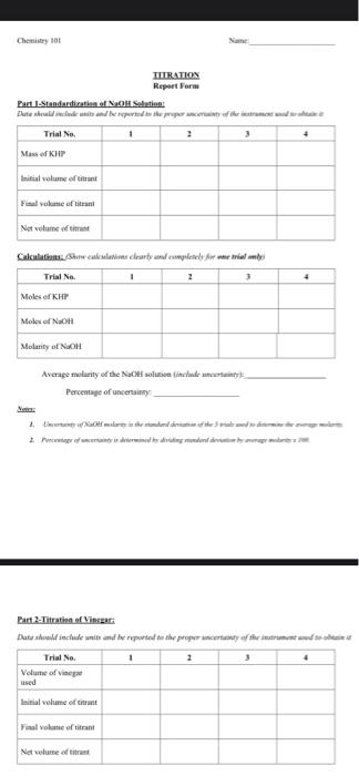 Chemistry 101 TITRATION Report Form Part | Chegg.com