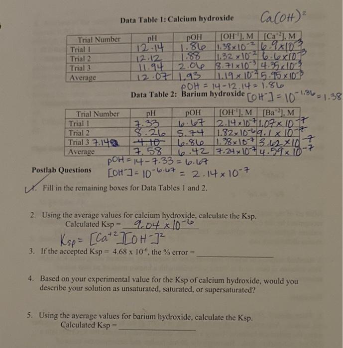 Solved Data Table 1: Calcium hydroxide Ca(OH)2 Data Table 2: | Chegg.com
