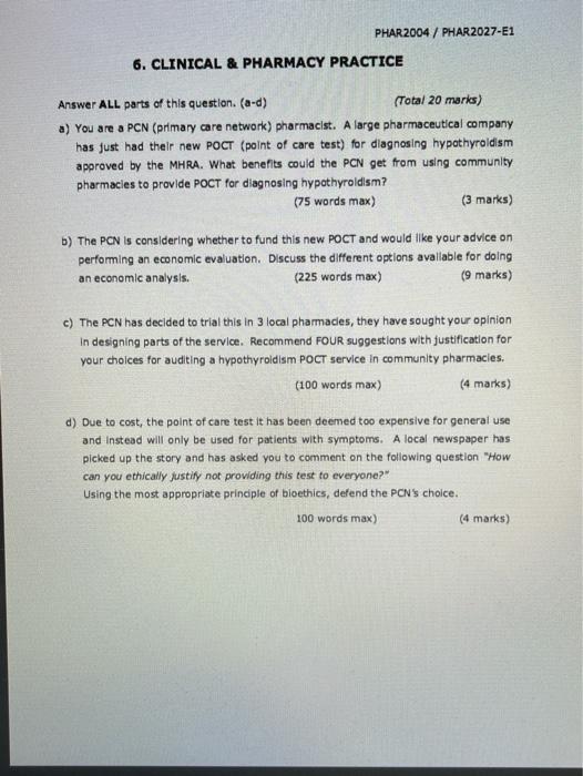 Solved PHAR 2004 / PHAR2027-E1 6. CLINICAL & PHARMACY | Chegg.com