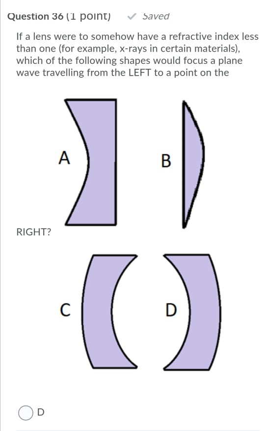 Solved Question 36 (1 point) Saved If a lens were to somehow | Chegg.com