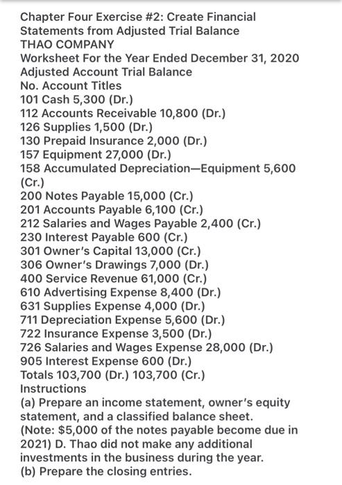 Solved Chapter Four Exercise #2: Create Financial Statements | Chegg.com