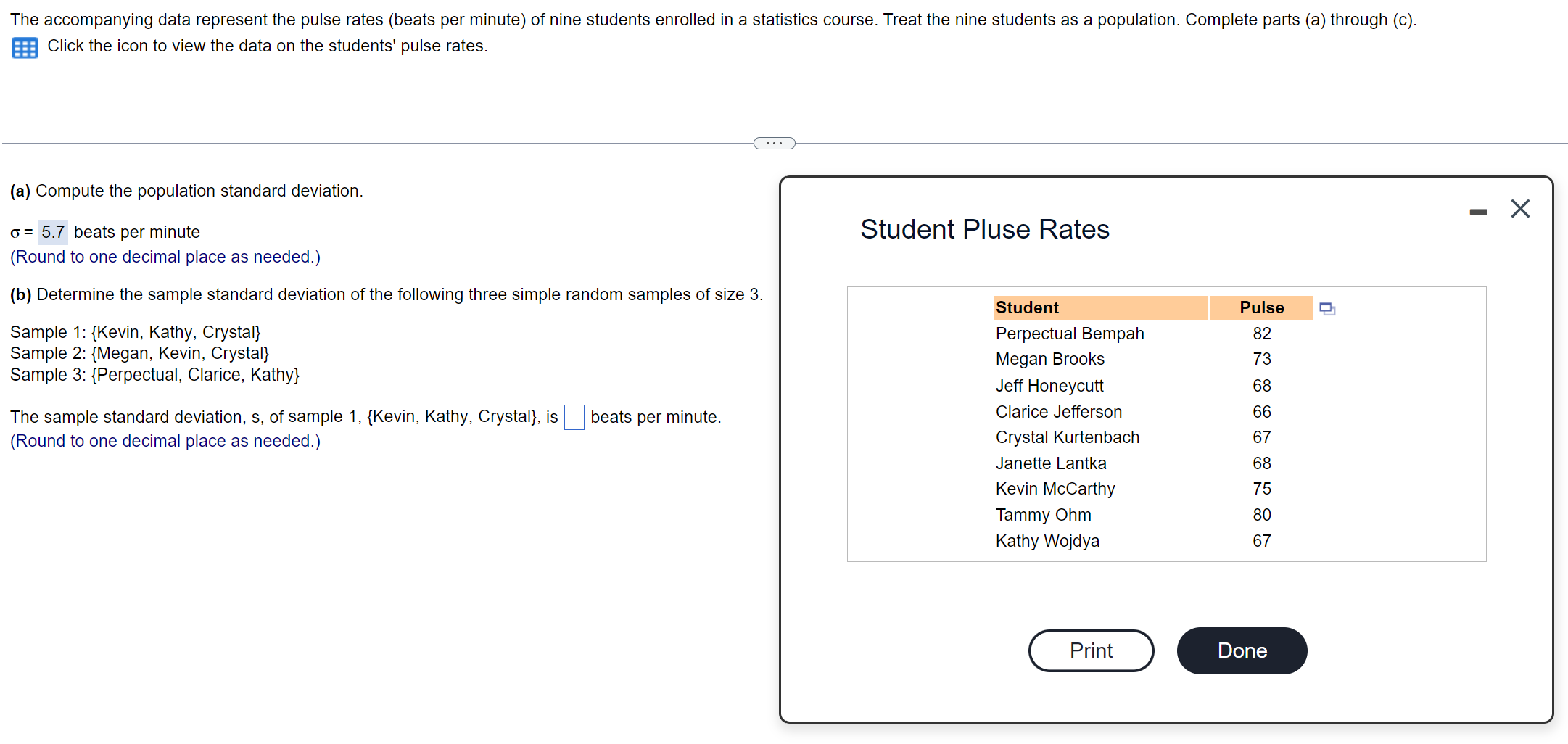 Solved The accompanying data represent the pulse rates | Chegg.com
