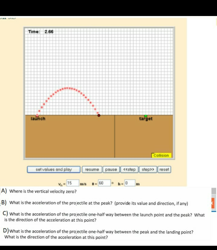 Solved Time: 2.66 launch target Collision set values and | Chegg.com