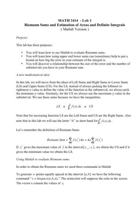 Solved MATH 2414 - Lab 1 Riemann Sums and Estimation of | Chegg.com
