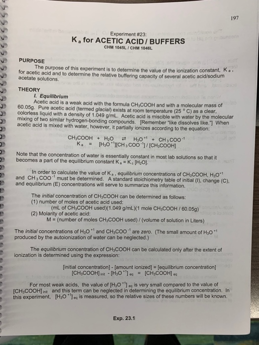 197 Experiment #23: K, for ACETIC ACID/ BUFFERS CHM | Chegg.com