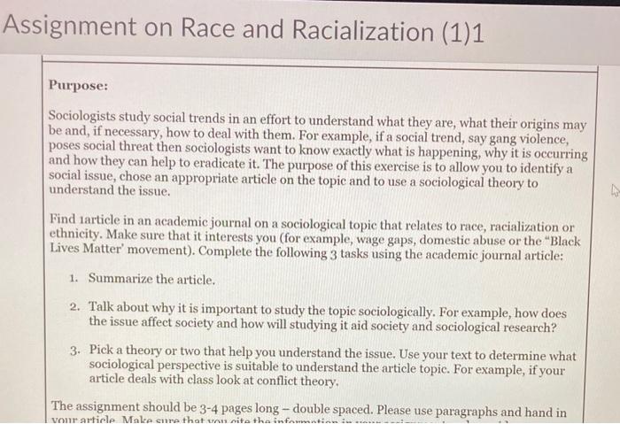 Assignment on Race and Racialization (1)1 Purpose: | Chegg.com