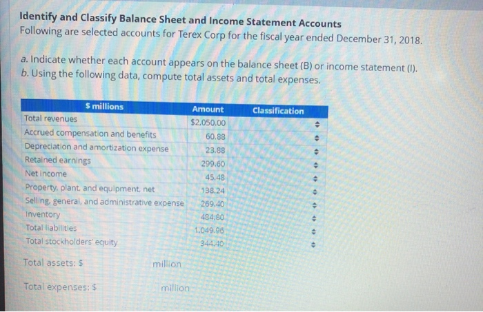 Solved Identify and Classify Balance Sheet and Income | Chegg.com