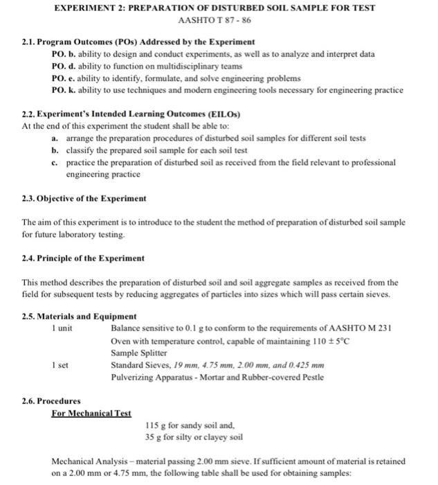 EXPERIMENT 2: PREPARATION OF DISTURBED SOIL SAMPLE | Chegg.com