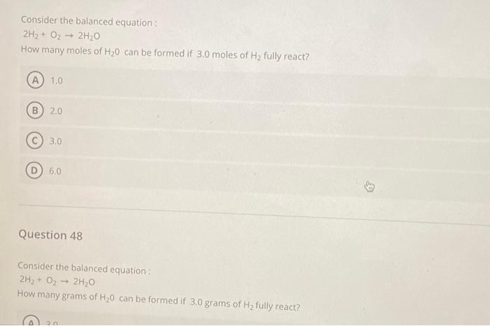 Solved Consider the balanced equation : 2H2+O2→2H2O How many | Chegg.com