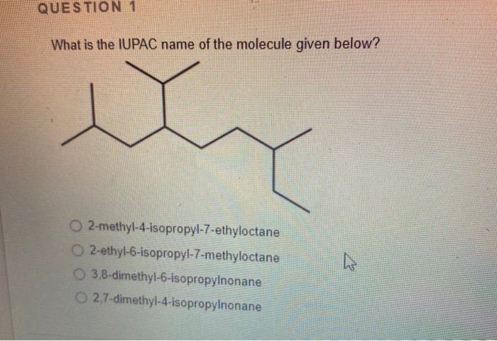 Solved QUESTION 1 What is the IUPAC name of the molecule | Chegg.com