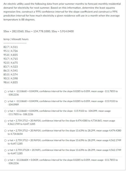 Solved An electric utility used the following data from | Chegg.com