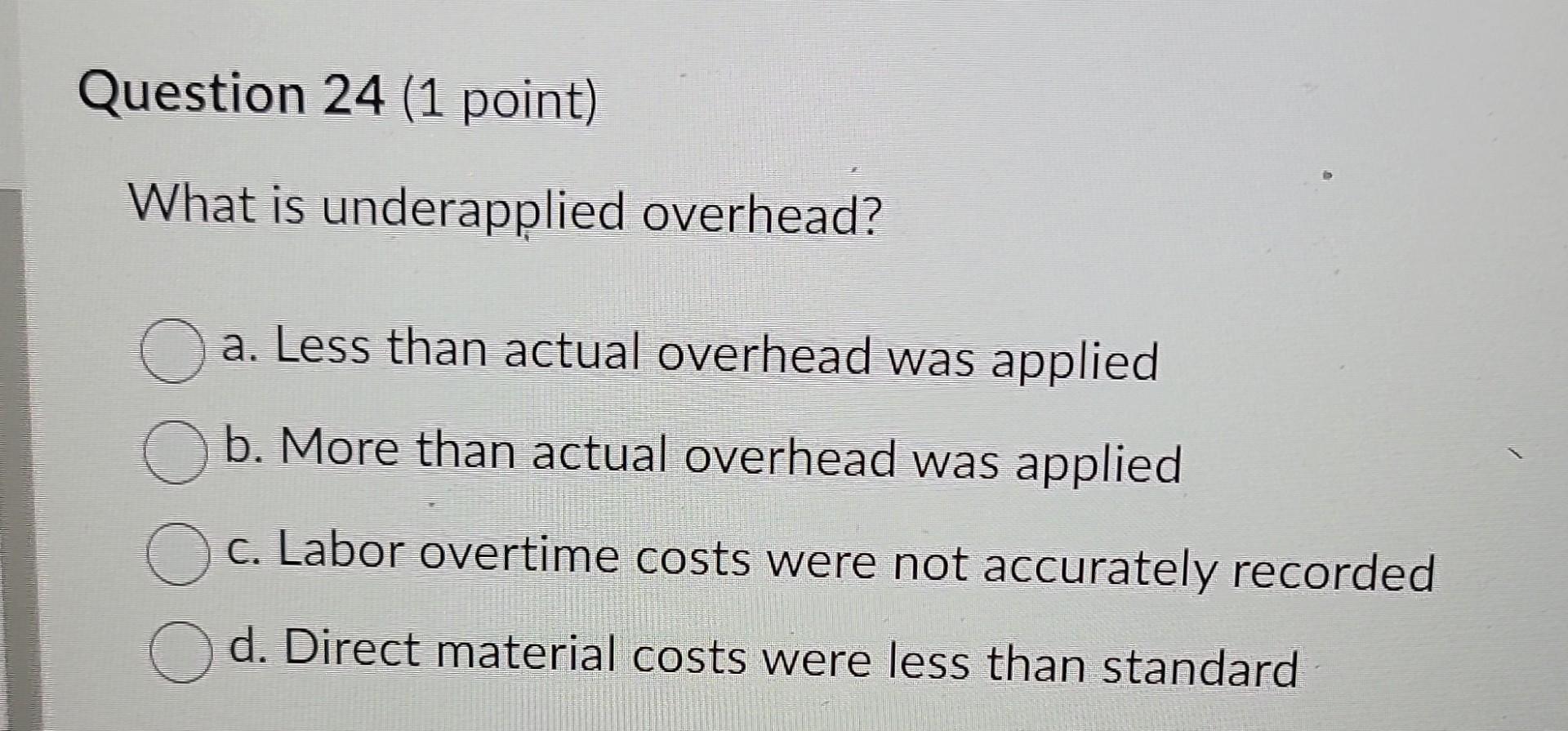 Solved Question 24 (1 point) What is underapplied overhead? | Chegg.com