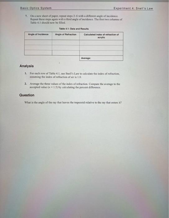 Experiment 4: Snell's Law Required Equipment from | Chegg.com