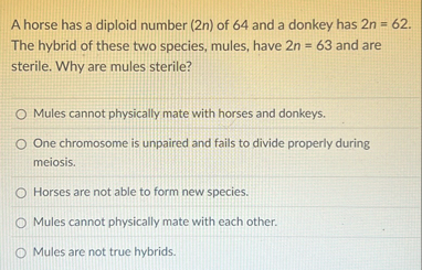 Solved A horse has a diploid number ( 2n ) ﻿of 64 ﻿and a | Chegg.com