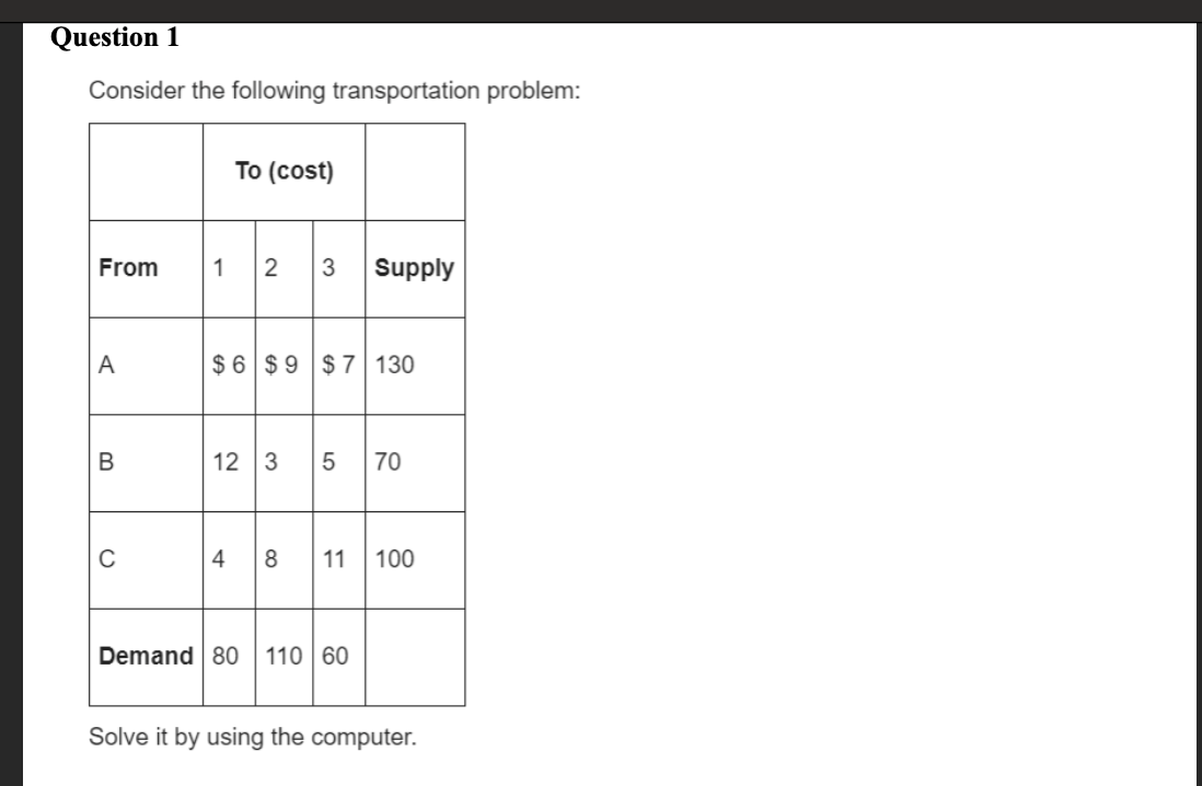 Solved Question 1 ﻿Consider the following transportation | Chegg.com