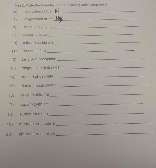 Solved Part 2: Write the formulas for the following ionic | Chegg.com