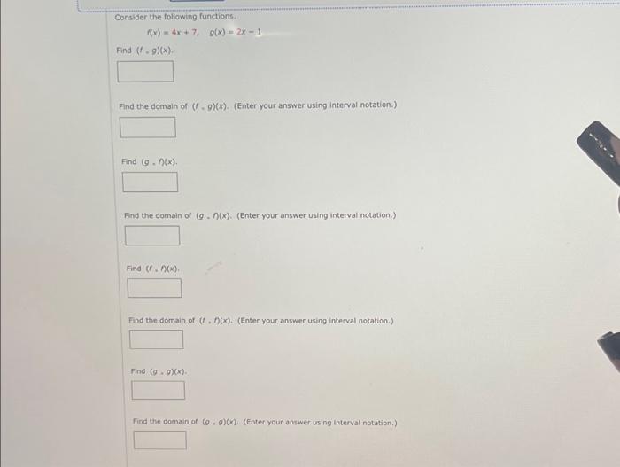 Solved Consider the following functions. f(x) = 4x + 7, g(x) | Chegg.com