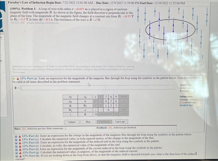 Solved (100\%) Problem 1: A loop of wire with radius r=0.015 | Chegg.com