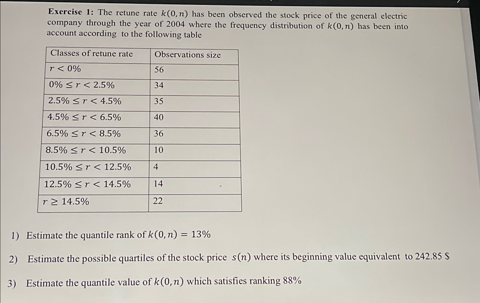 Solved Exercise 1: The retune rate k(0,n) ﻿has been observed | Chegg.com