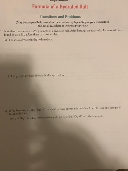Solved Formula of a Hydrated Salt Questions and Problems | Chegg.com