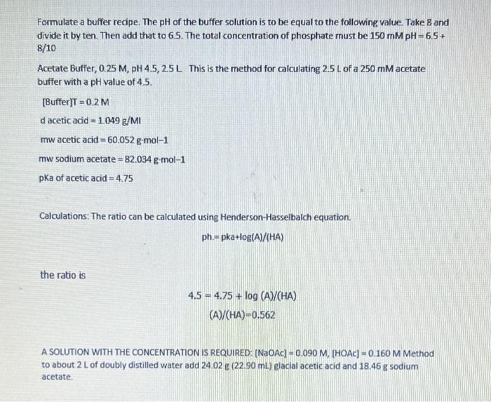 Formulate a buffer recipe. The pH of the buffer | Chegg.com