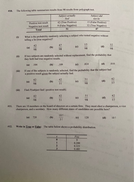 Solved #10 The following table summarizes results from 98 | Chegg.com