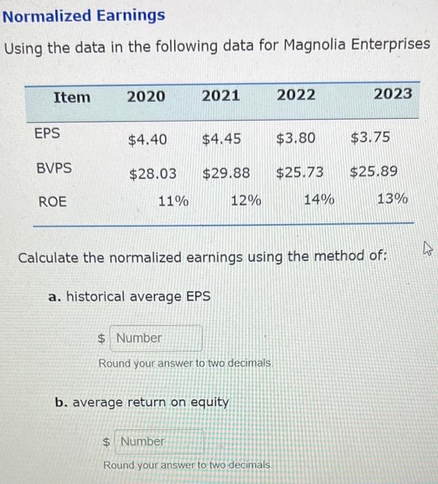 Solved Vormalized Earnings Jsing the data in the following | Chegg.com