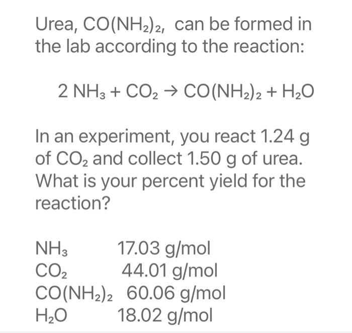 Solved Urea, CO(NH2)2, can be formed in the lab according to | Chegg.com