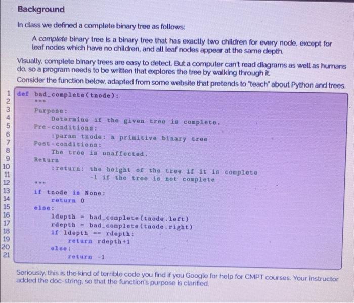 Background In class we defined a complete binary tree | Chegg.com
