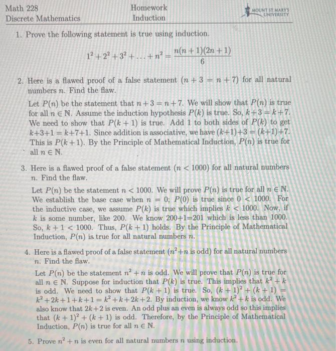 Solved Math 228 Discrete Mathematics Homework Induction | Chegg.com