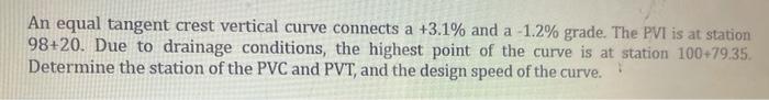 Solved An equal tangent crest vertical curve connects a | Chegg.com