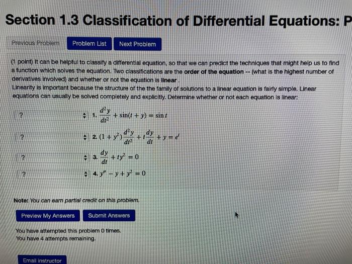 Solved Section 1.3 Classification of Differential Equations: | Chegg.com