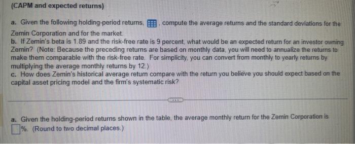Solved (CAPM and expected returns) a. Given the following | Chegg.com