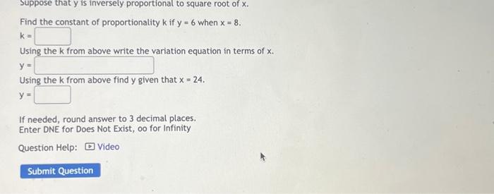 Solved Find the constant of proportionality k if y=6 when | Chegg.com