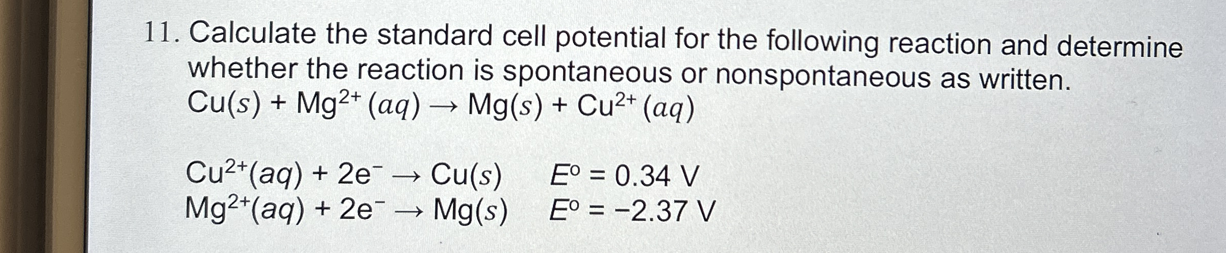 Solved Calculate the standard cell potential for the | Chegg.com