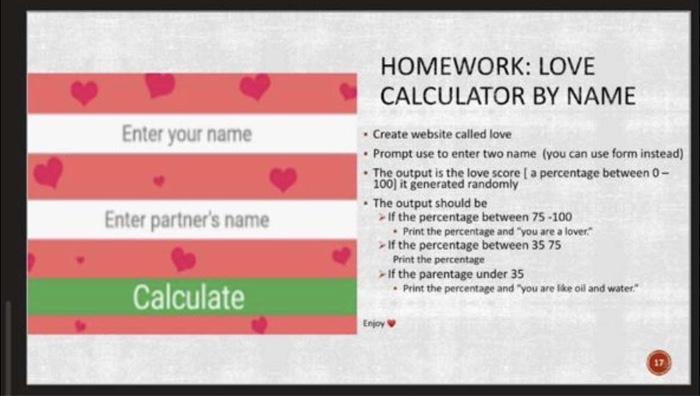 Solved HOMEWORK: LOVE CALCULATOR BY NAME - Create website | Chegg.com