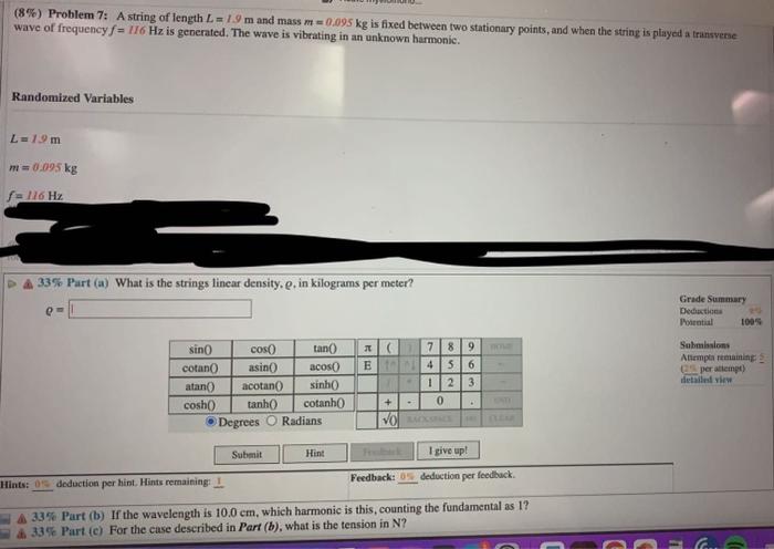 Solved (8\%) Problem 7: A string of length L=1.9 m and mass | Chegg.com