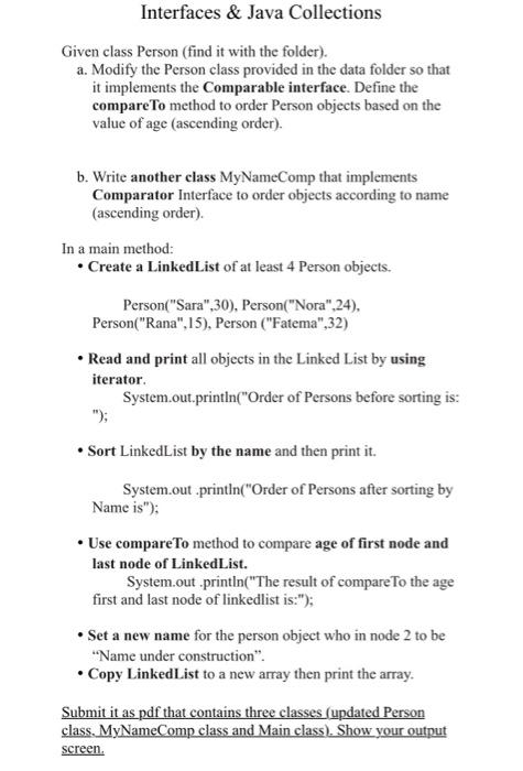 Solved Interfaces & Java Collections Given class Person | Chegg.com