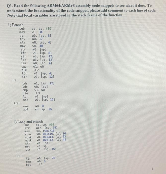Solved Q1. Read the following ARM64/ARMv8 assembly-code | Chegg.com