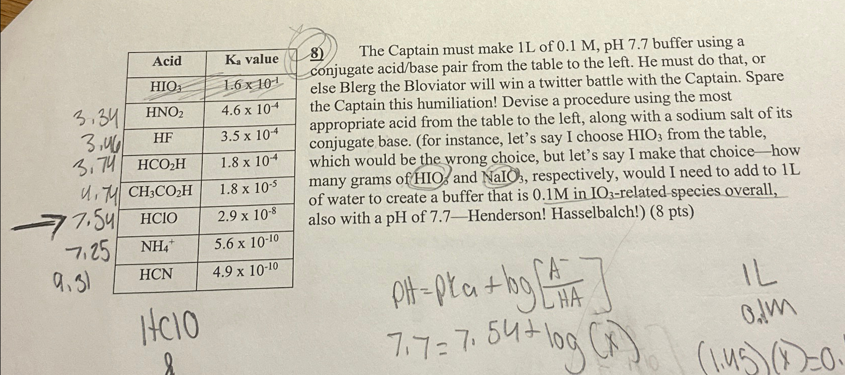 Solved The Captain must make 1L ﻿of 0.1M,pH7.7 ﻿buffer using | Chegg.com