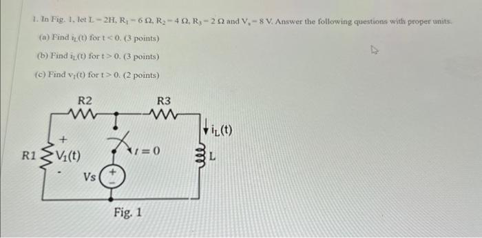 Solved 1. In Fig. 1. let L−2H,R1−6Ω,R2−4Ω,R3−2Ω and V4−8V. | Chegg.com