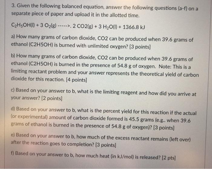 Solved 3. Given the following balanced equation, answer the | Chegg.com
