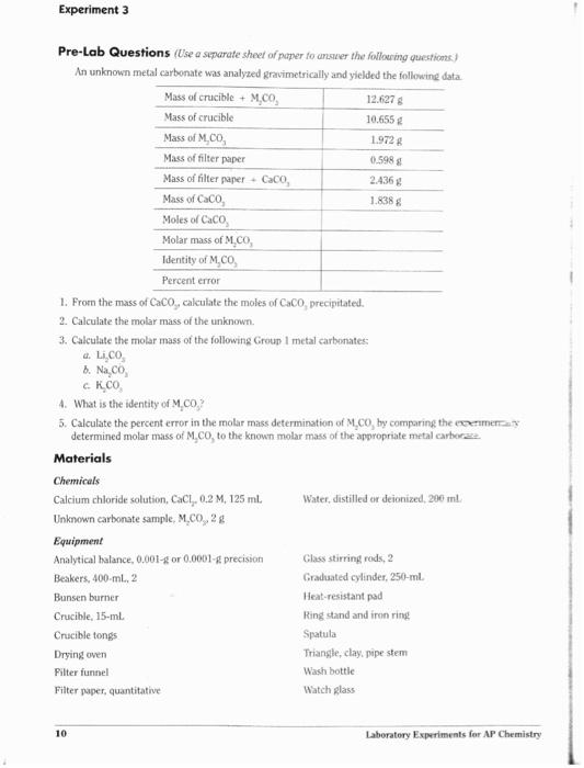Solved Experiment 3 Gravimetric Analysis of a Metal | Chegg.com