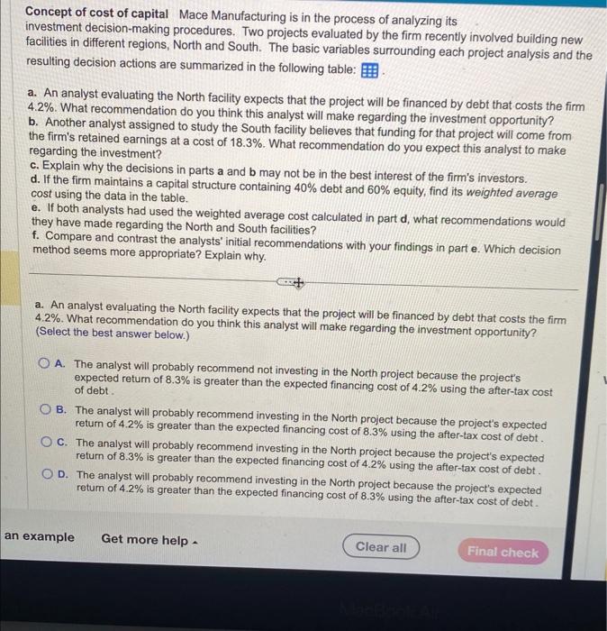 Solved Concept of cost of capital Mace Manufacturing is in | Chegg.com