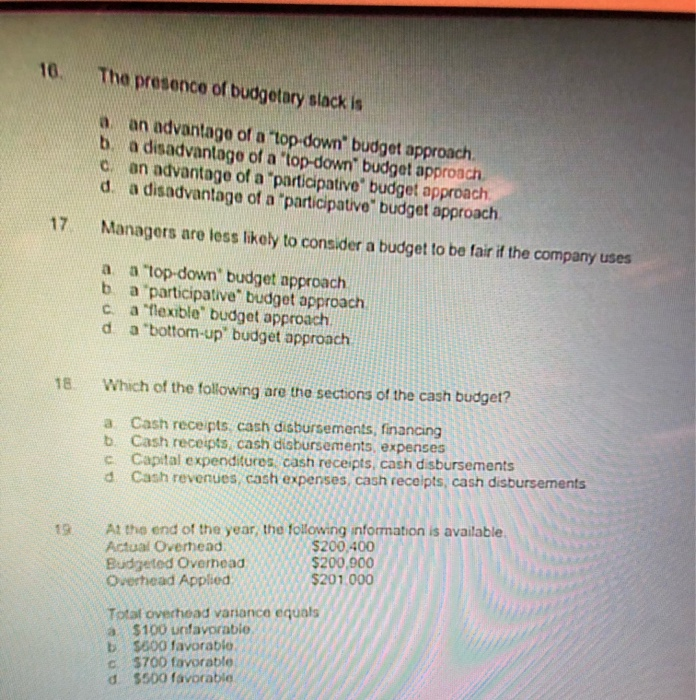 Solved 10. The presence of budgetary slack is an advantage | Chegg.com