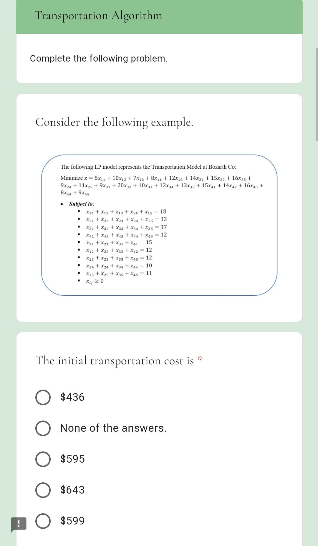 Solved Transportation Algorithm Complete the following | Chegg.com