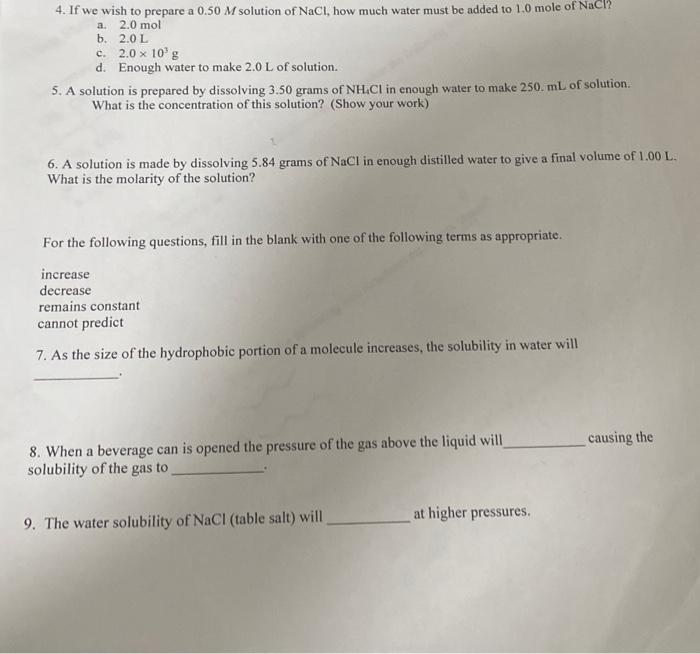 Solved 4. If we wish to prepare a 0.50M solution of NaCl, | Chegg.com