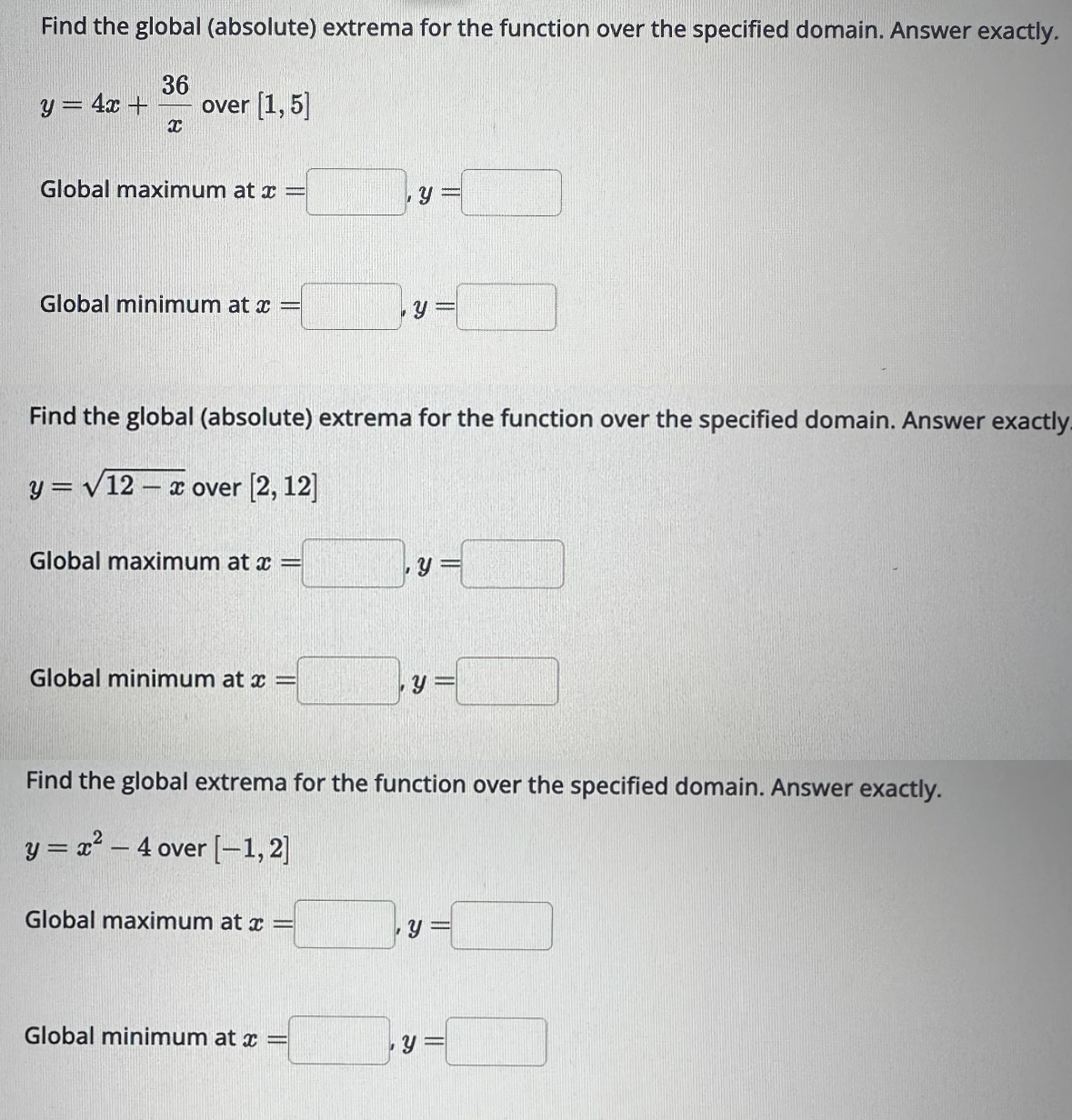 Solved Find the global (absolute) ﻿extrema for the function | Chegg.com