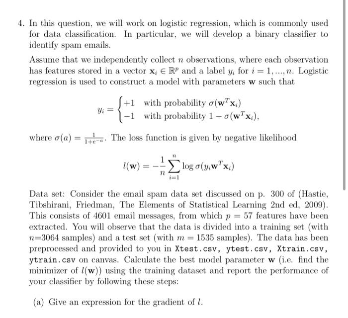 4. In this question, we will work on logistic | Chegg.com