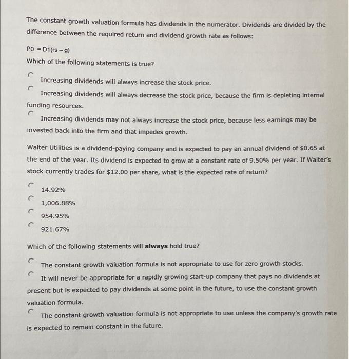 Solved The constant growth valuation formula has dividends | Chegg.com